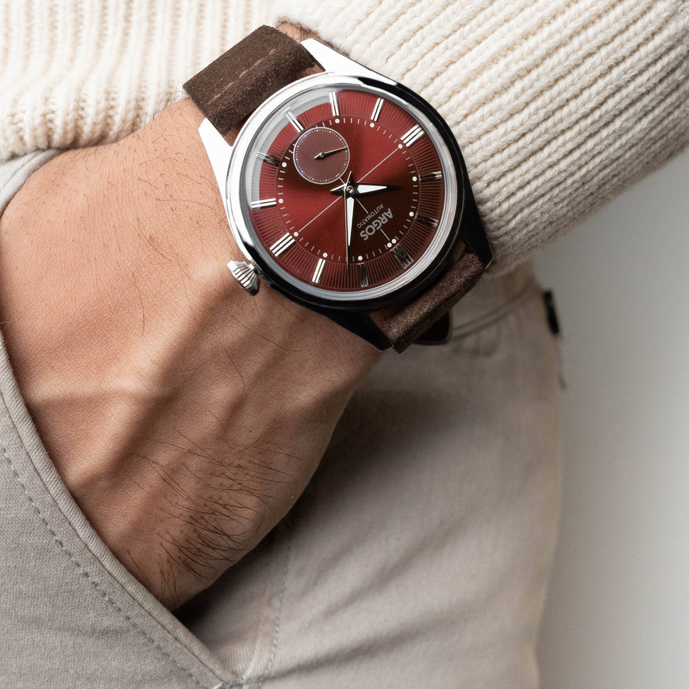 Argos Apollo III - Wine Red Silver with Italian Suede Leather Strap