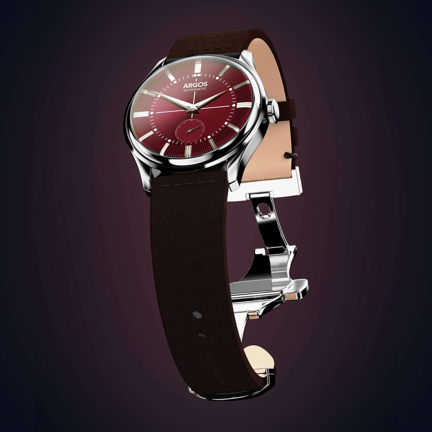 Argos Apollo III - Wine Red Silver with Italian Suede Leather Strap