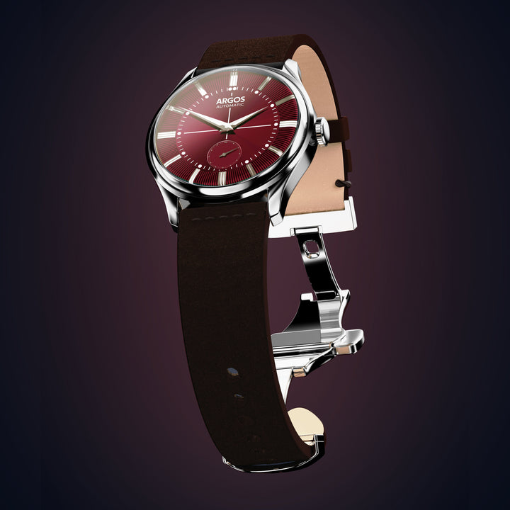 Argos Apollo III - Wine Red Silver with Italian Suede Leather Strap
